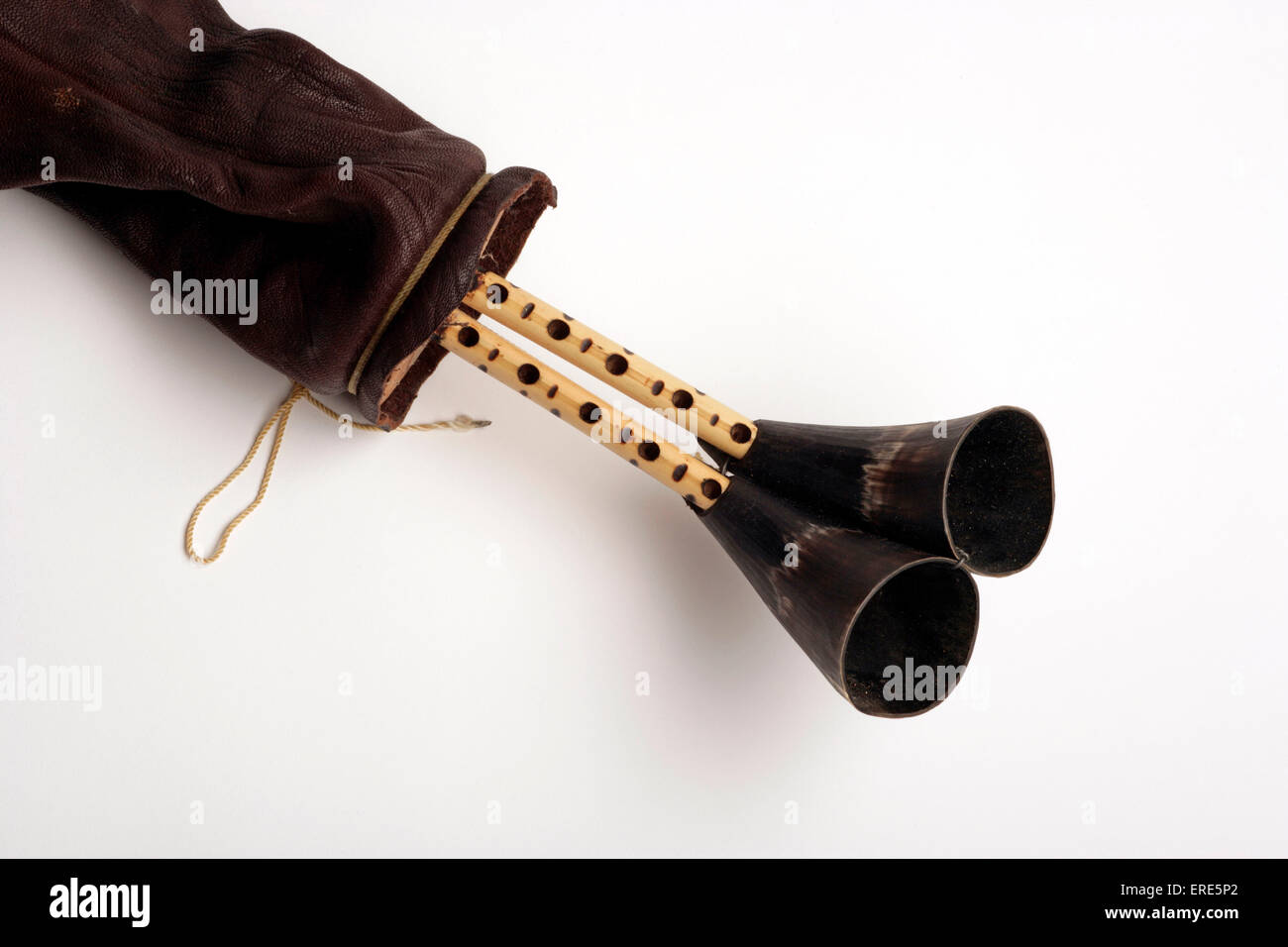 Double chanter and cowhorns on a set of Arabic bagpipes. Traditional ...