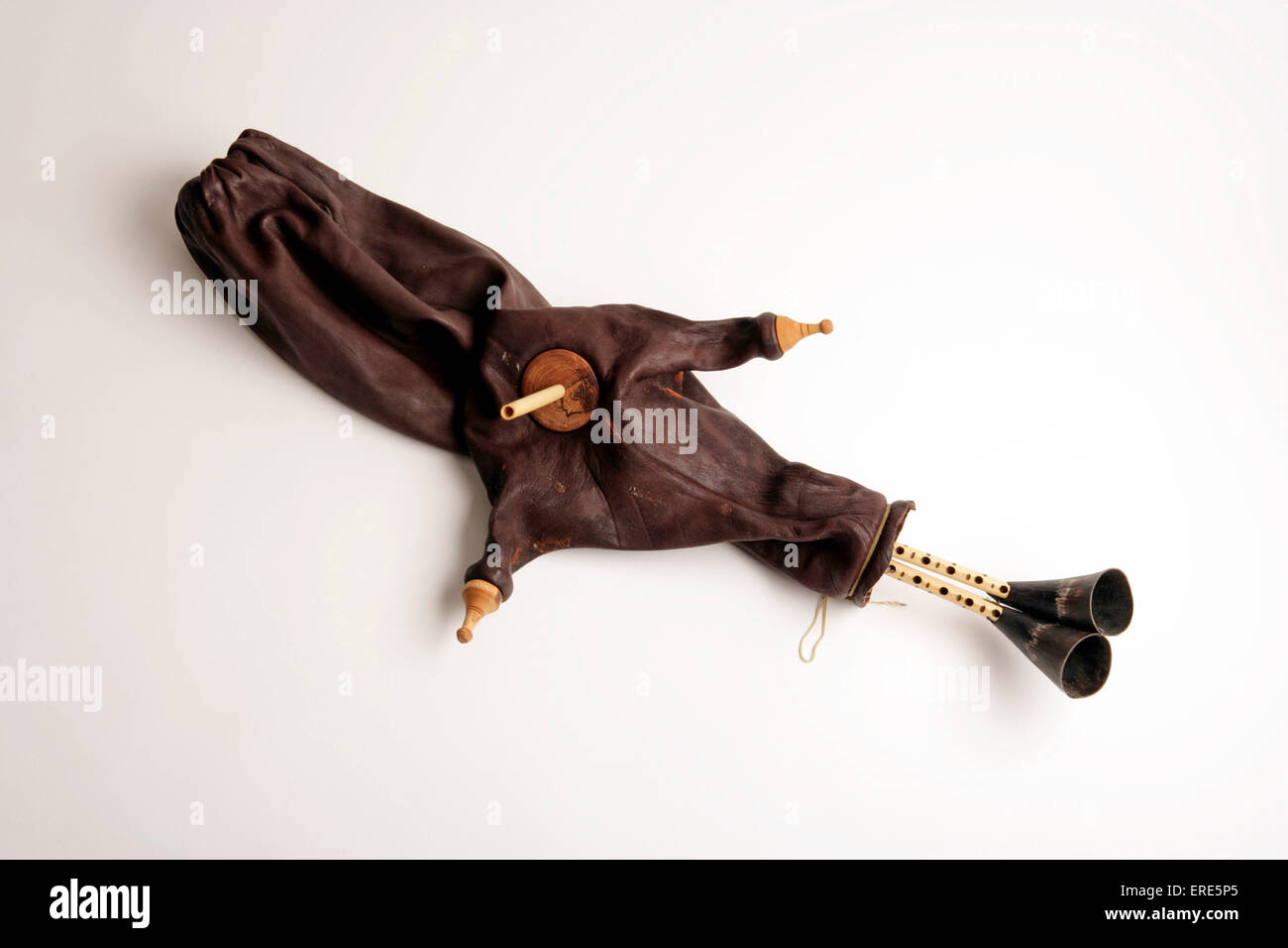 Double chanter and cowhorns on a set of Arabic bagpipes. Traditional ...