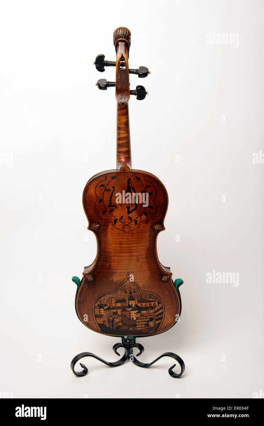 French violin from the 1800's, inlaid back and carved head scroll ...