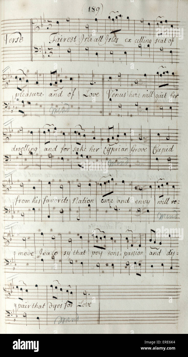 King Arthur manuscript score, by Henry Purcell 'Fairest Isle'. From ...