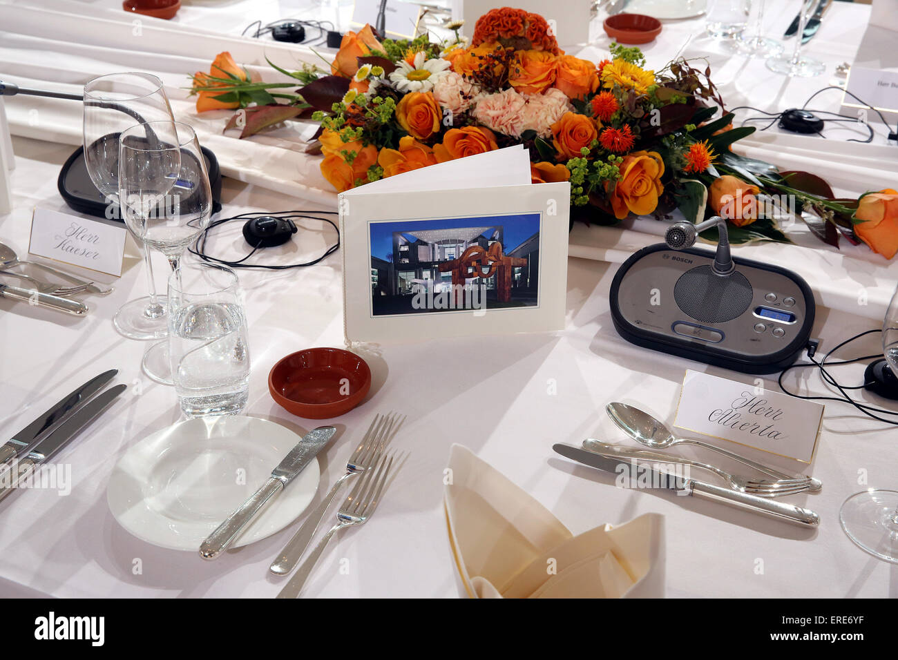 A richly decorated dinner table is on display prior to a dinner meeting ...