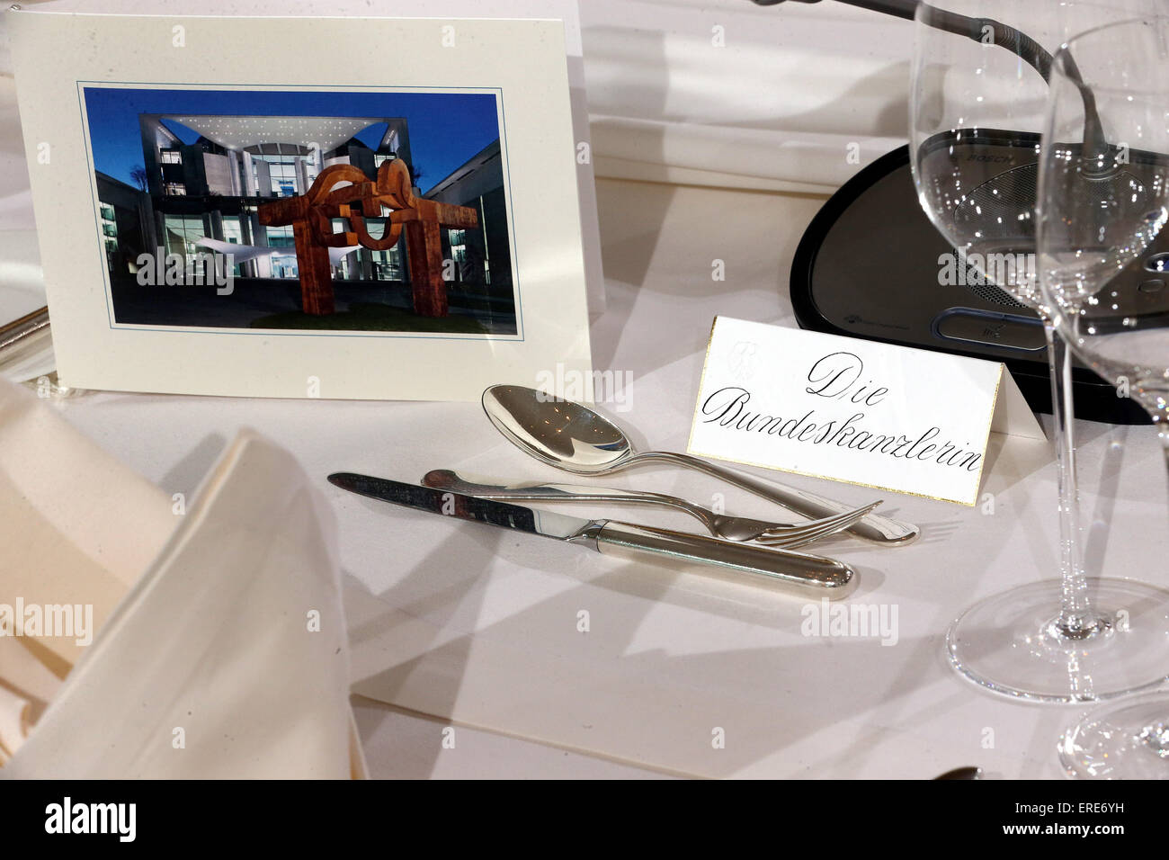 A richly decorated dinner table is on display prior to a dinner meeting ...