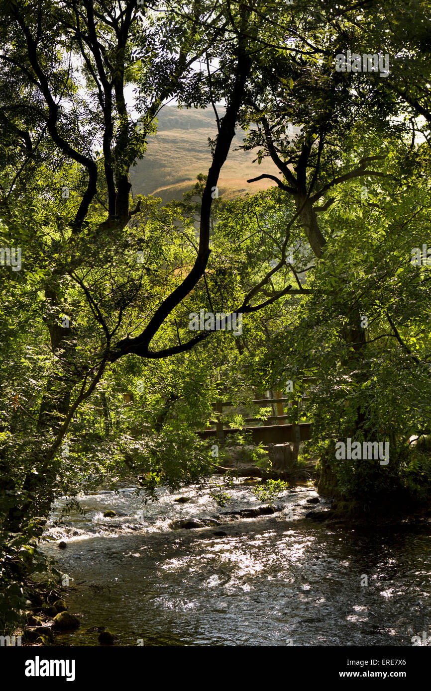 UK, England, Staffordshire, Ilam, Dovedale, River Dove footbridge to ...
