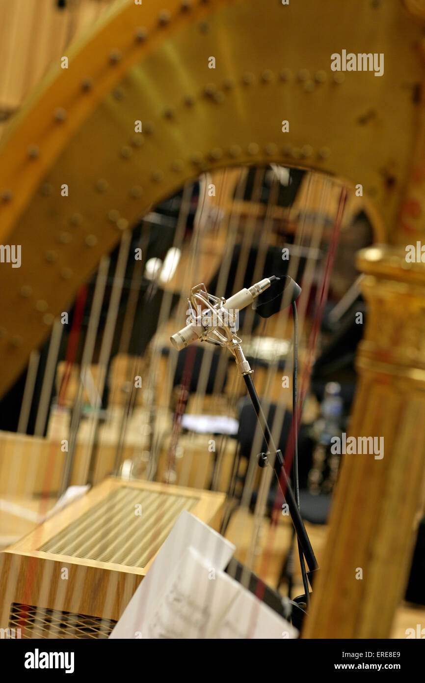 Neumann analogue microphone hanging in a shock mount suspension cradle ...