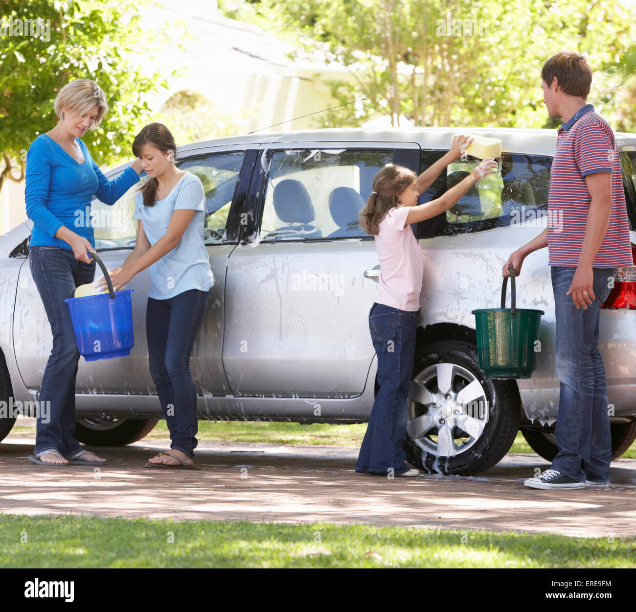 Family Washing Car Together Stock Photo - Alamy