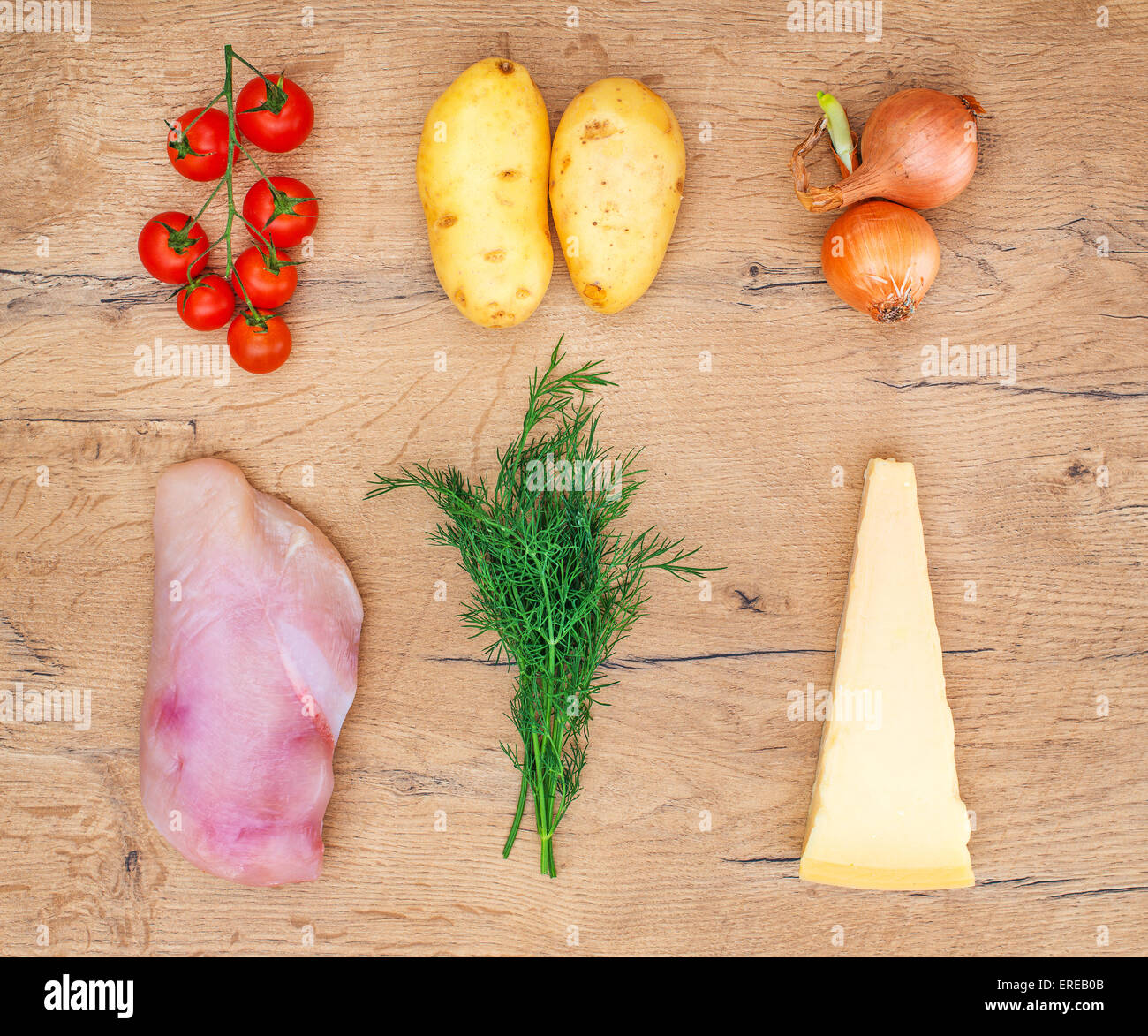 Food ingredients on wooden tabletop. Top view Stock Photo - Alamy