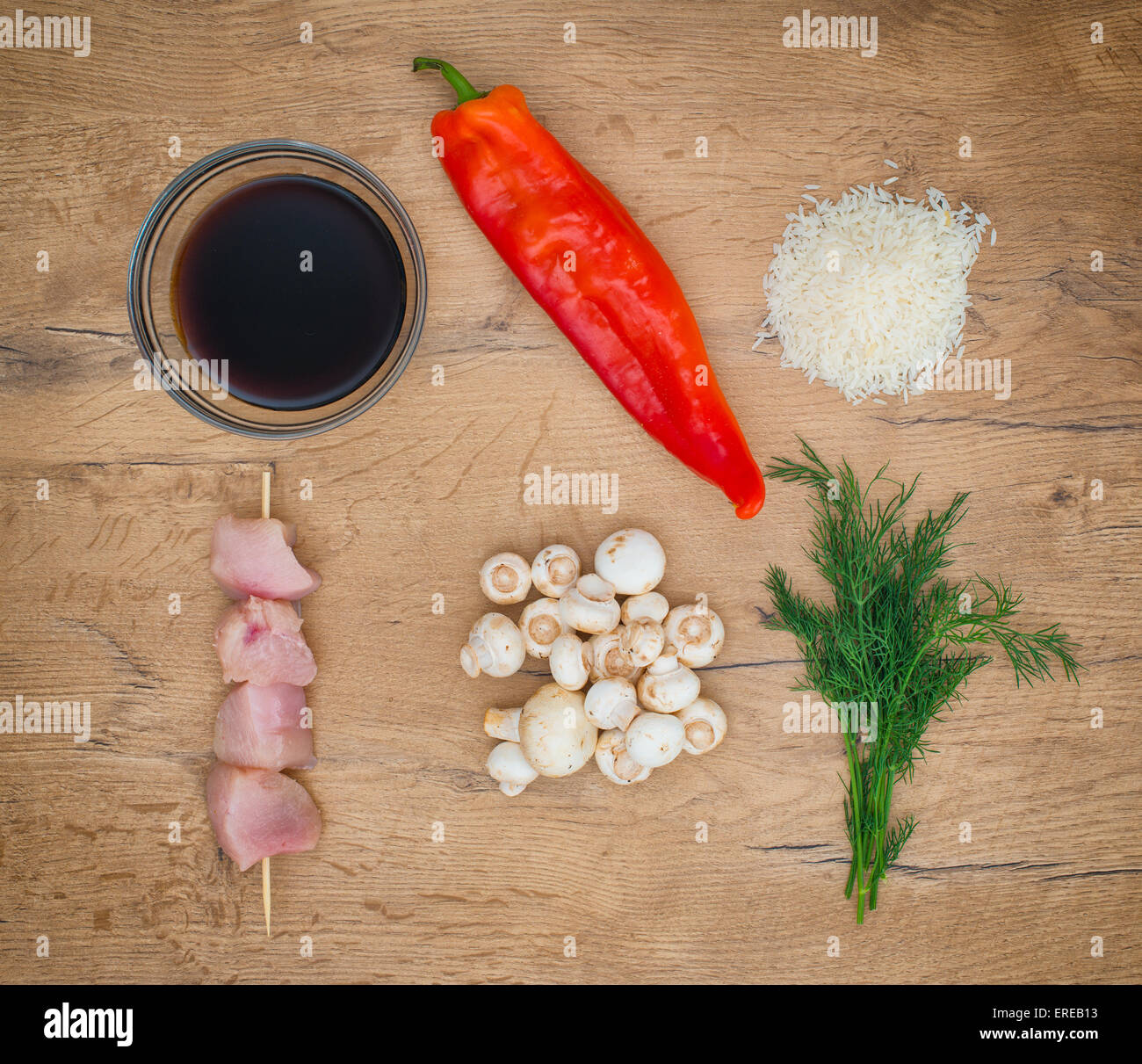 Food ingredients on wooden tabletop. Top view Stock Photo - Alamy