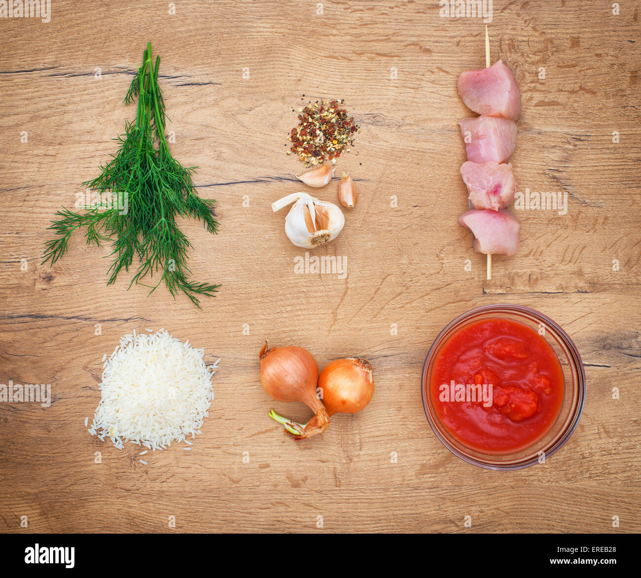 Food ingredients on wooden tabletop. Top view Stock Photo - Alamy