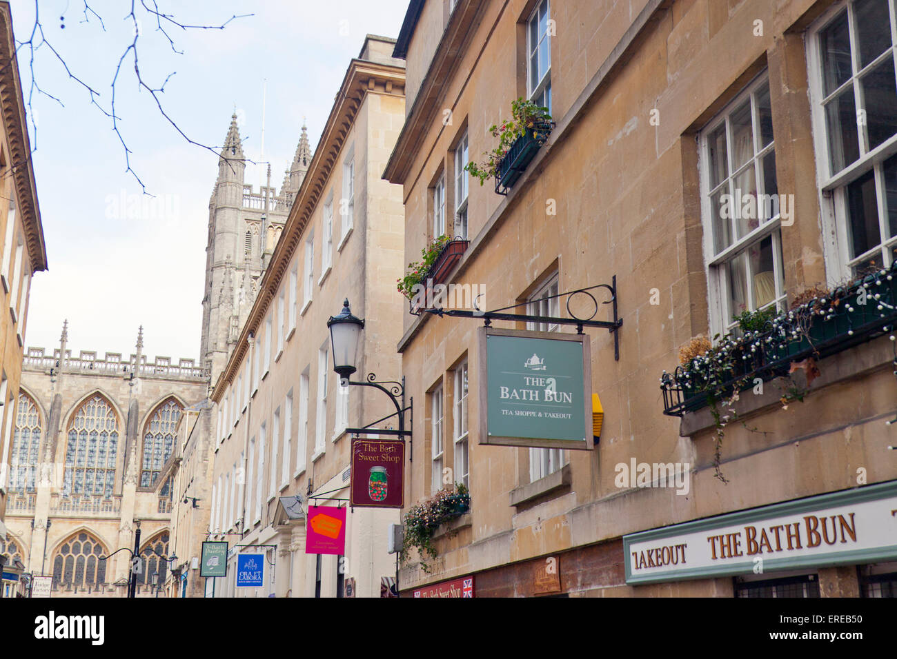 The Bath Bun tea shop and colourful shop signs in Abbey Green, Bath, N ...