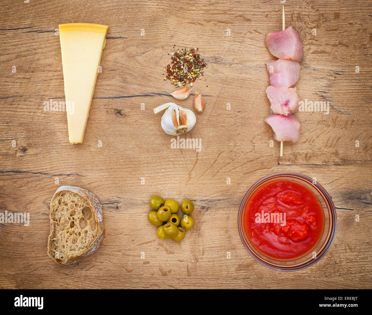 Food ingredients on wooden tabletop. Top view Stock Photo - Alamy