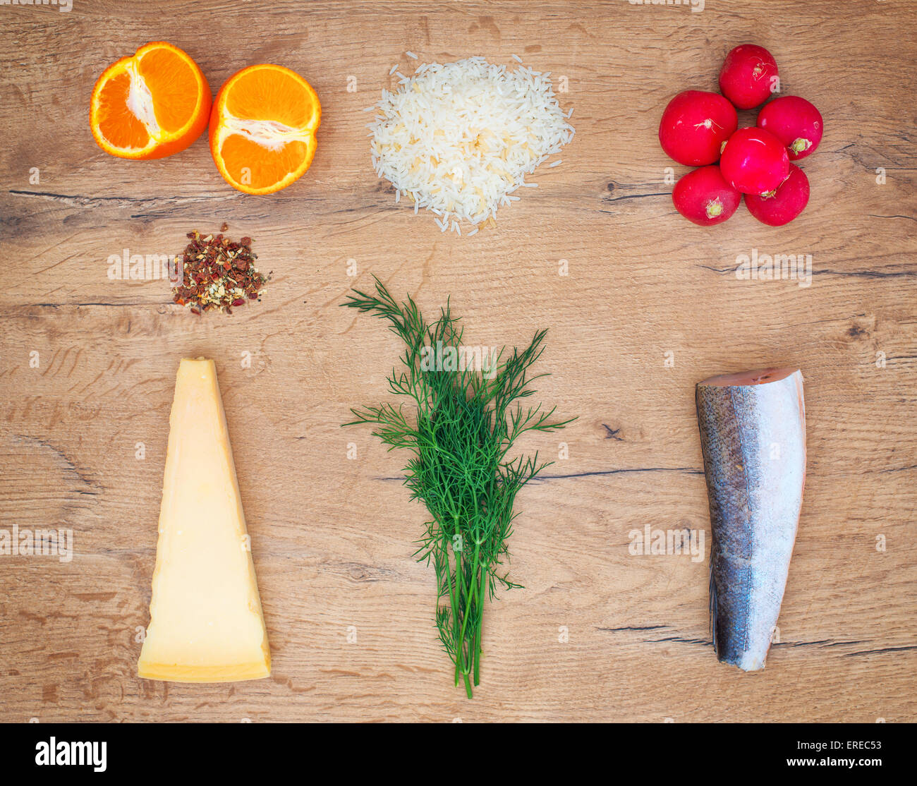 Food ingredients on wooden tabletop. Top view Stock Photo - Alamy
