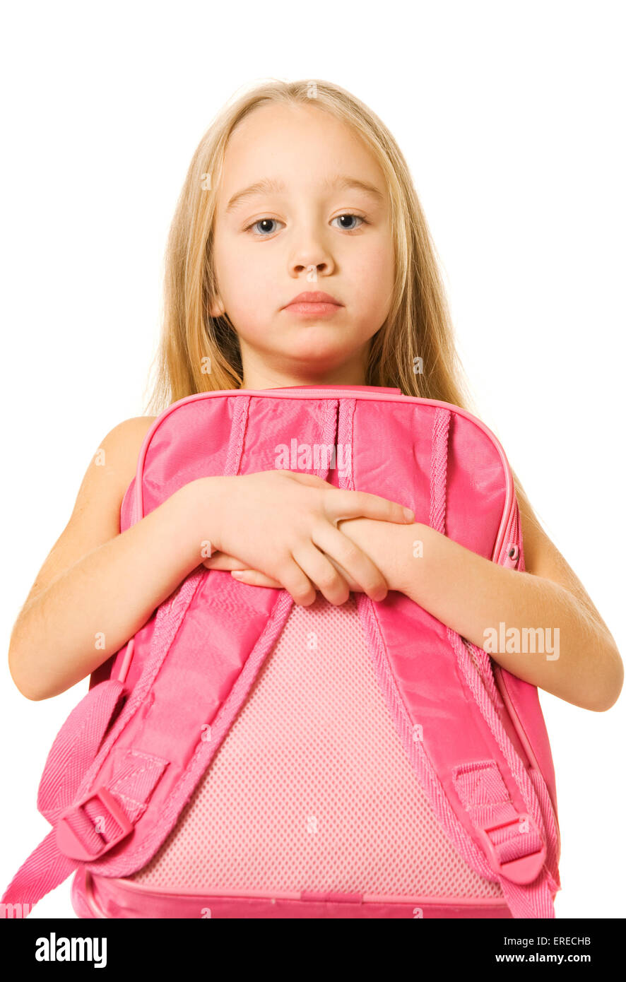 Sad young girl with a pink backpack Stock Photo - Alamy