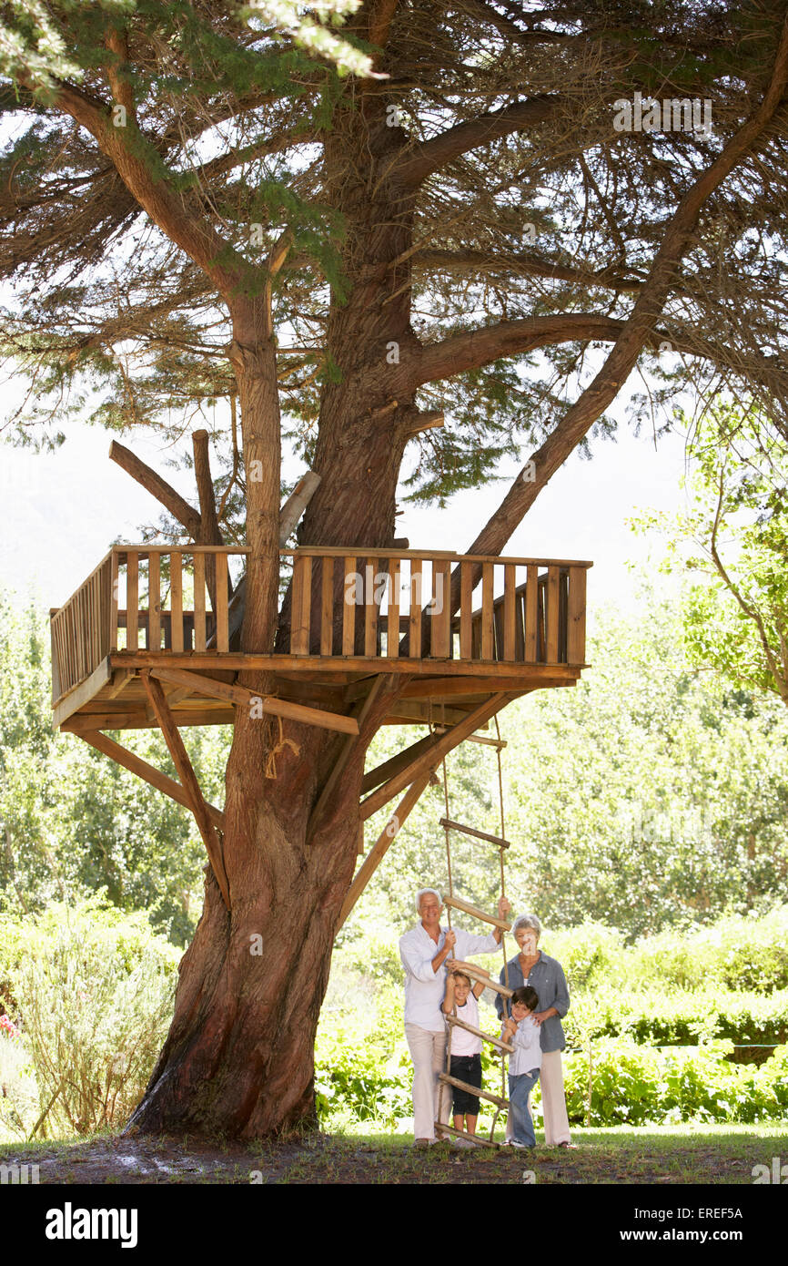 Grandchildren And Grandparents Standing By Tree House In Garden Stock ...