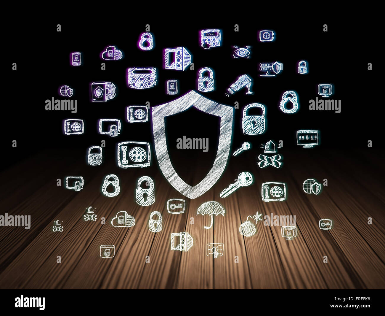 Security concept: Contoured Shield in grunge dark room Stock Photo - Alamy