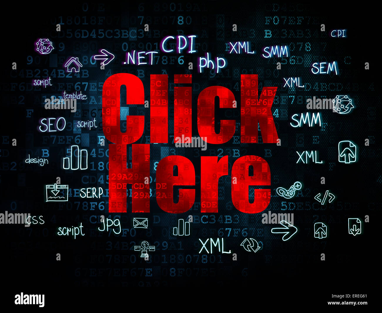 Web development concept: Click Here on Digital background Stock Photo ...