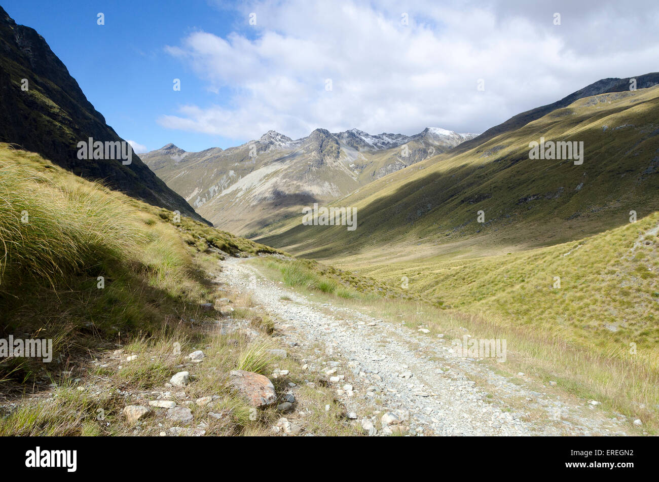 Farm track through valley, Mount Nicholas, Central Otago, South Island ...