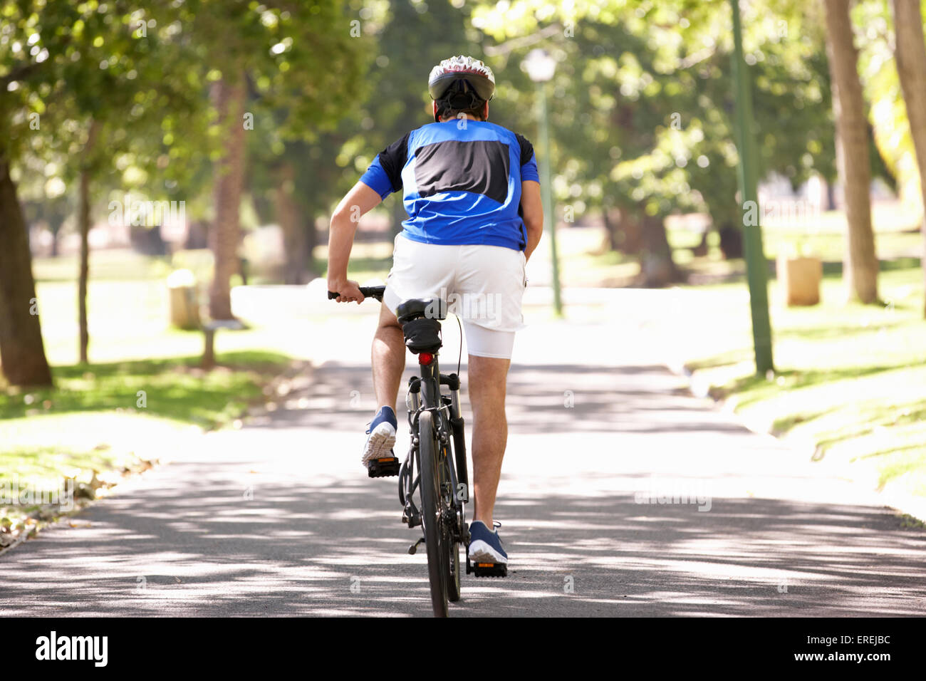 Rear View Of Man Cycling Through Park Stock Photo - Alamy