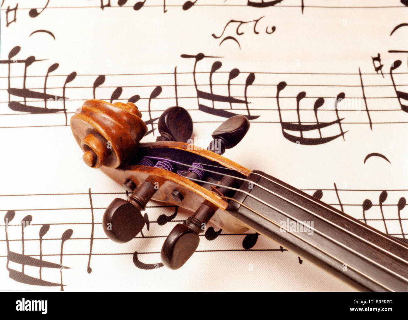 Violin neck, scroll and pegs on background of a musical score Stock ...