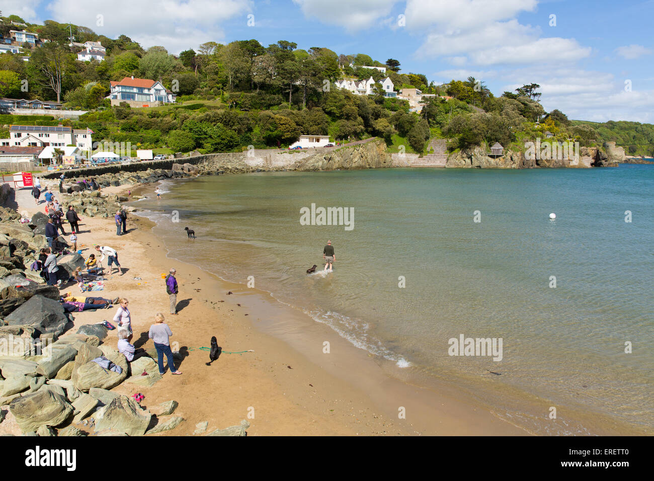 People enjoying sunny summer weekend weather North Sands beach Salcombe ...