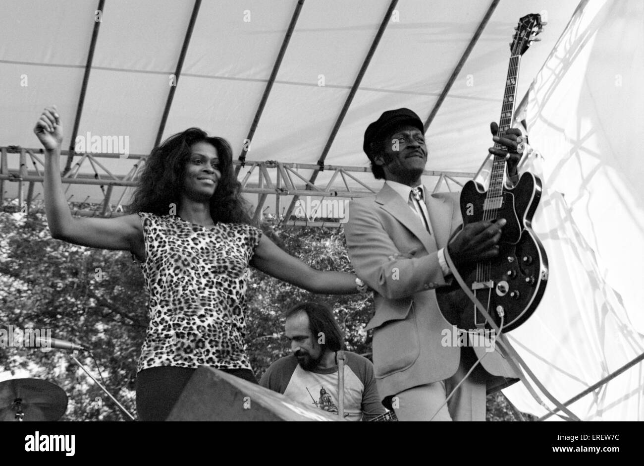 Chuck Berry performing at the Capital Radio Jazz Festival in Knebworth ...