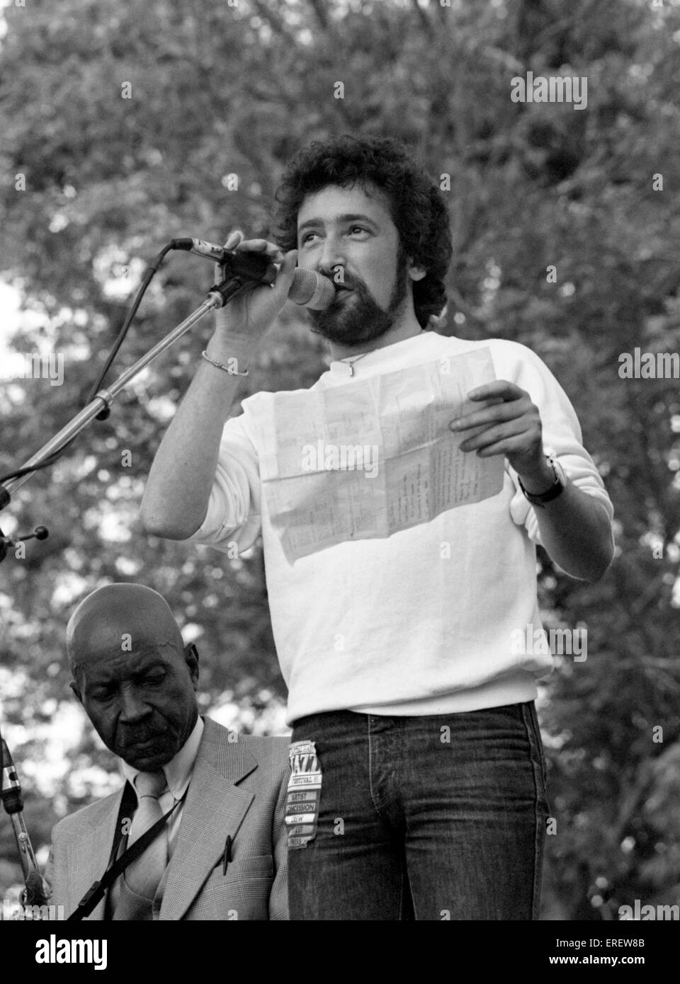 English broadcaster Nicky Horne introducing one of the acts at the ...