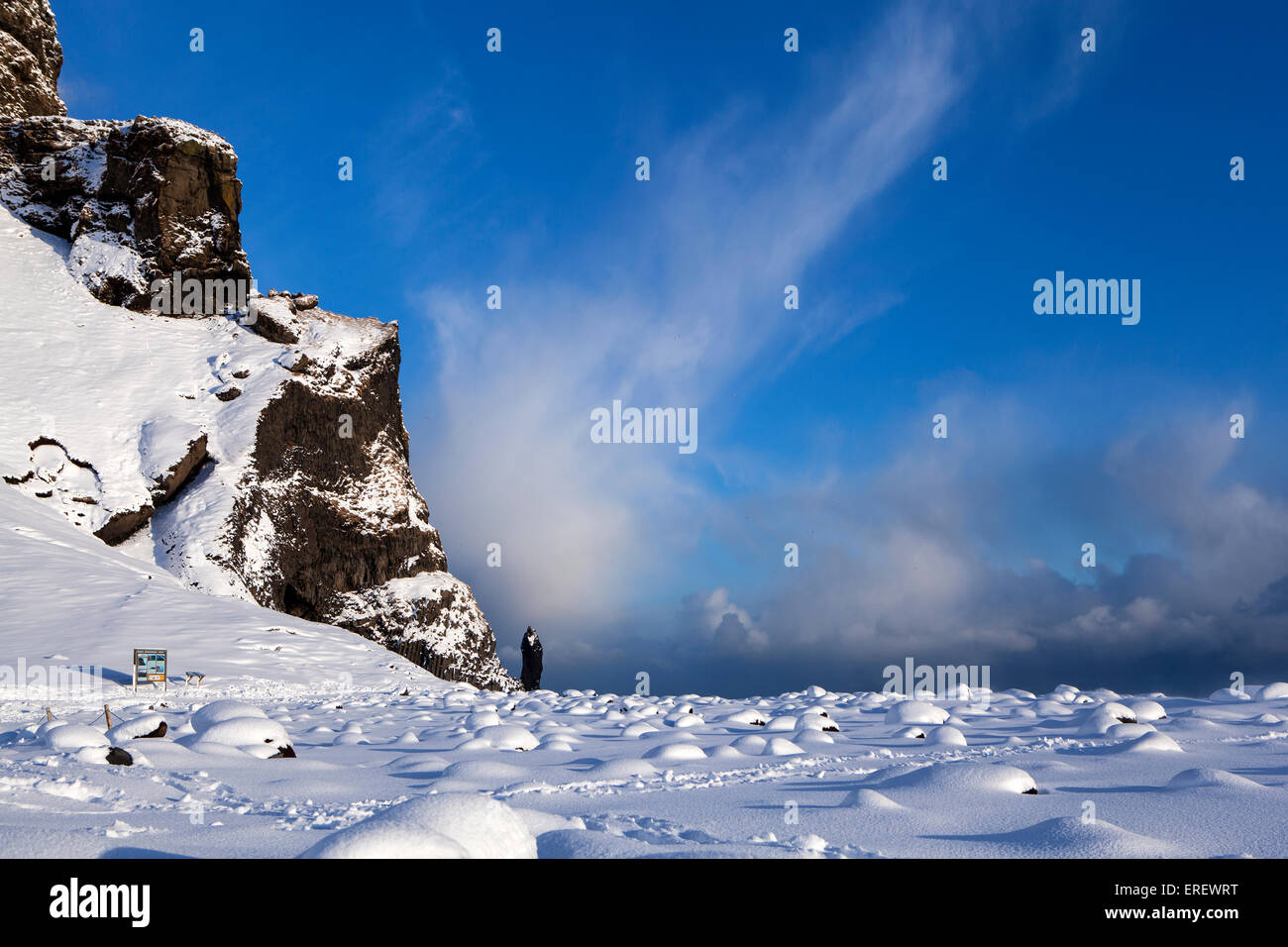 Snowy volcano mountain landscape in Reynisfjara, South Iceland Stock ...
