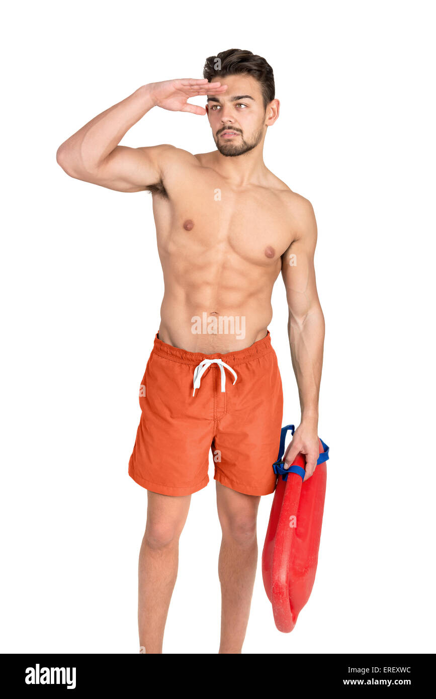 Muscular lifeguard isolated in a white background Stock Photo - Alamy