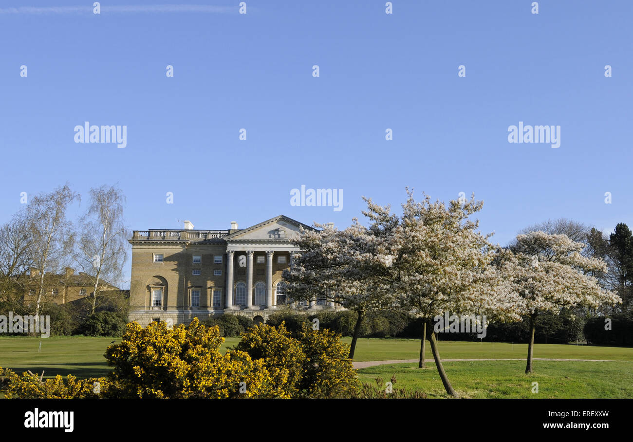 View over Spring blossom and Gorse bush to Thorndon Hall, Thorndon Park ...