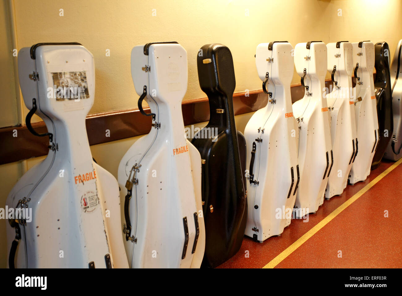 Line of cello cases, flight cases for musical instruments Stock Photo ...