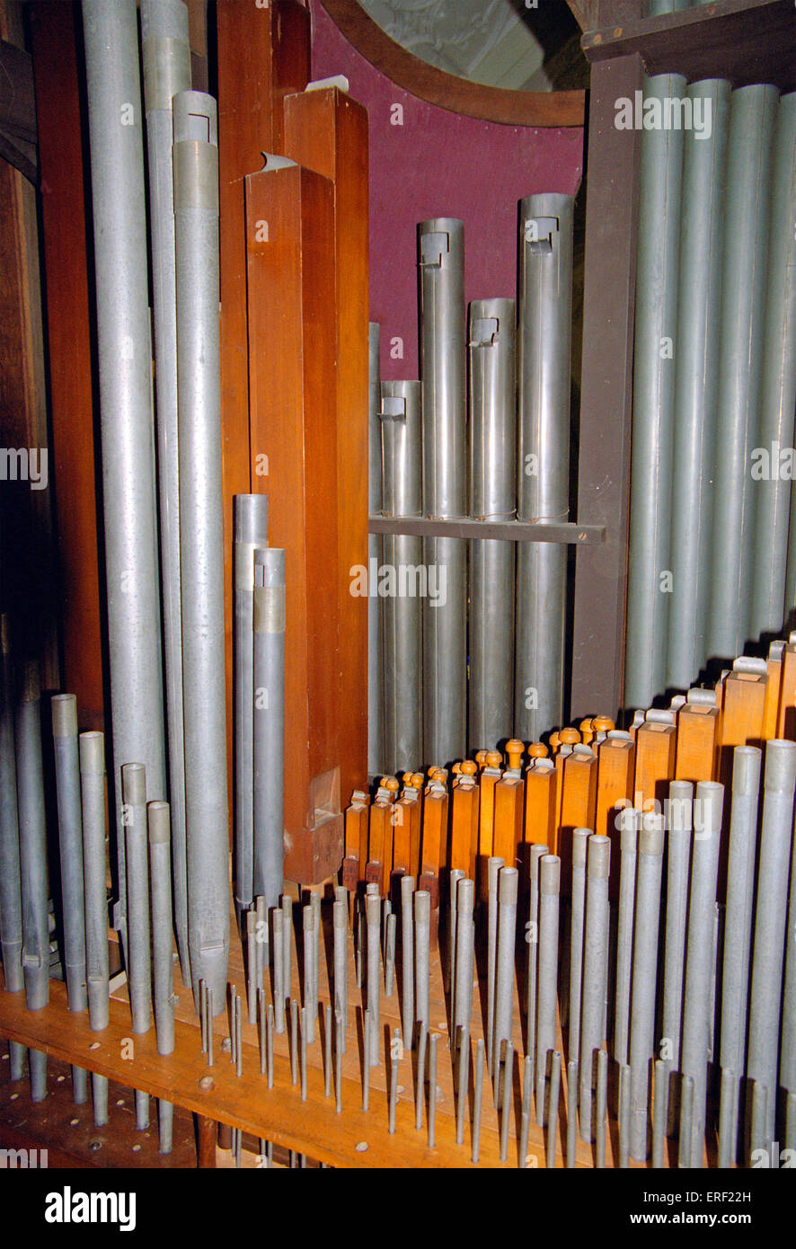 View of the pipe chamber of the organ of St Giles Church in Wimborne St ...