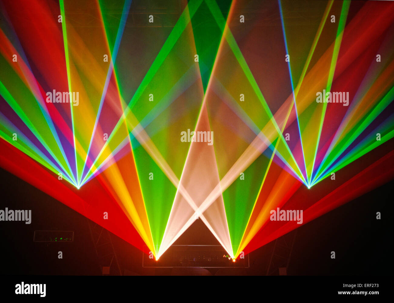 Rainbow coloured laser beams forming a fan pattern - demonstration at ...