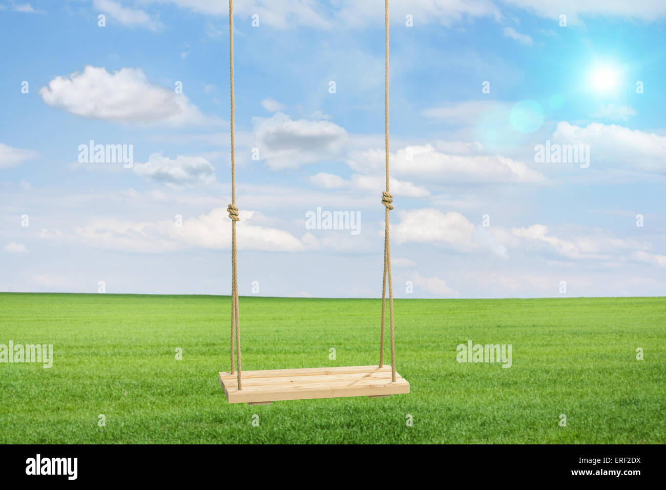 Wooden swing hanging on a couple of ropes in a green meadow shot on a ...