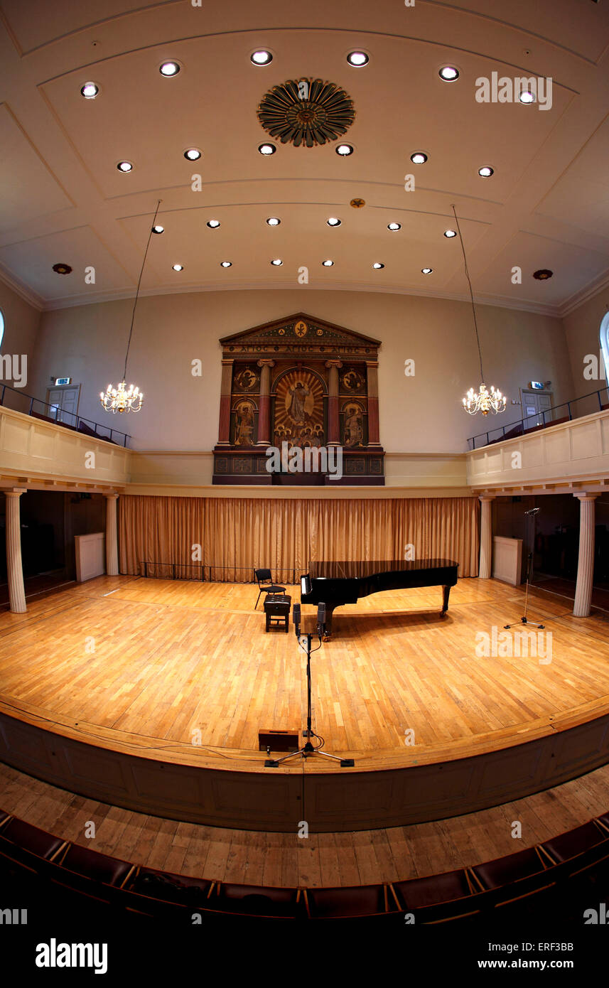 St Georges, Brandon Hill, Bristol. Small concert hall with piano on the ...