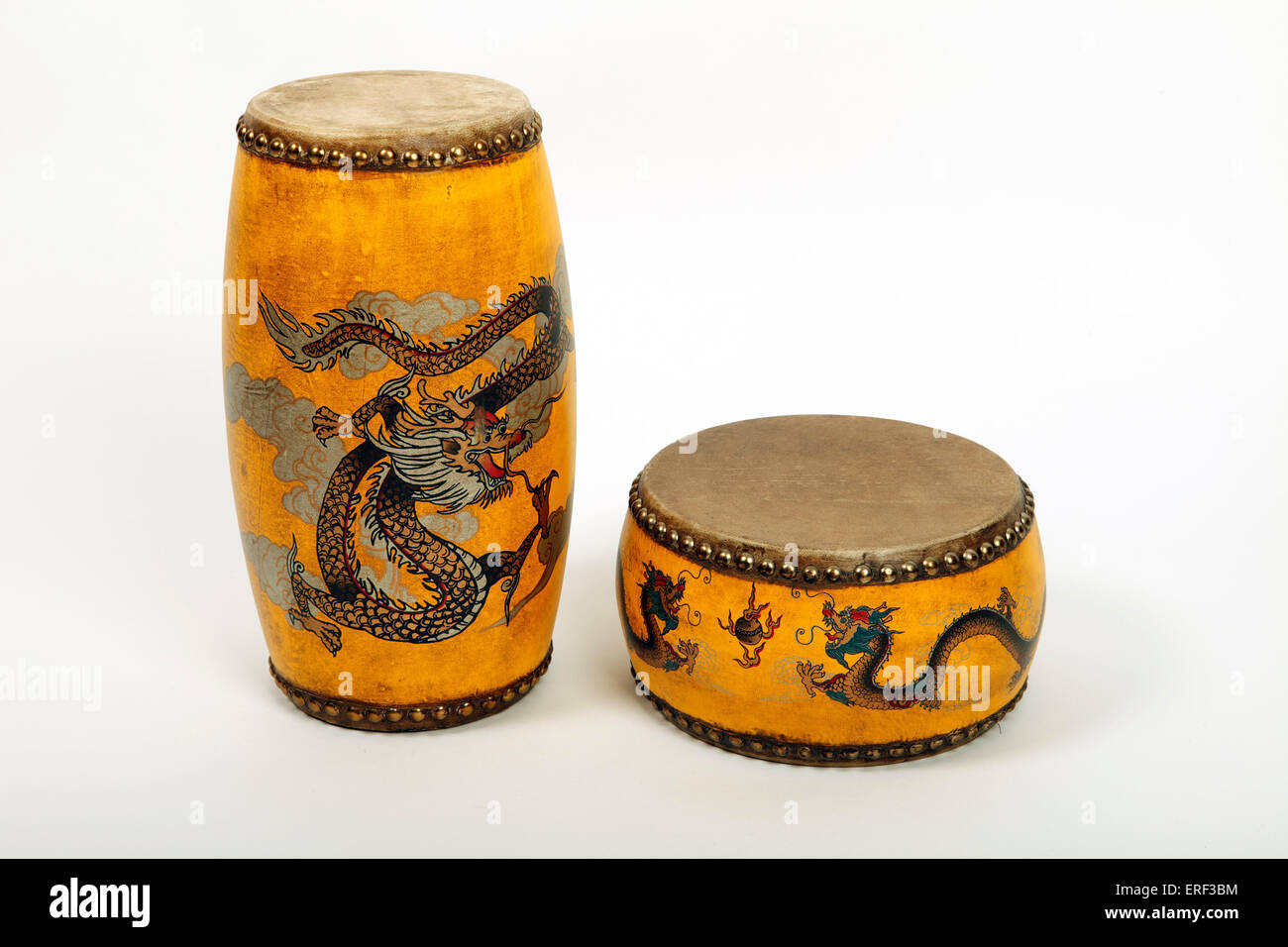 Chinese drum: Double-headed barrel drum with dragon motif on the side ...