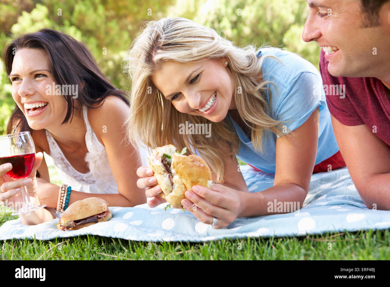 Group Of Friends Enjoying Picnic Together Stock Photo - Alamy