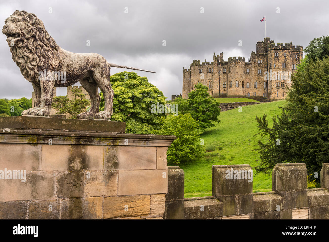 Alnwick Castle home of the Dukes of Northumberland. An imposing lion ...