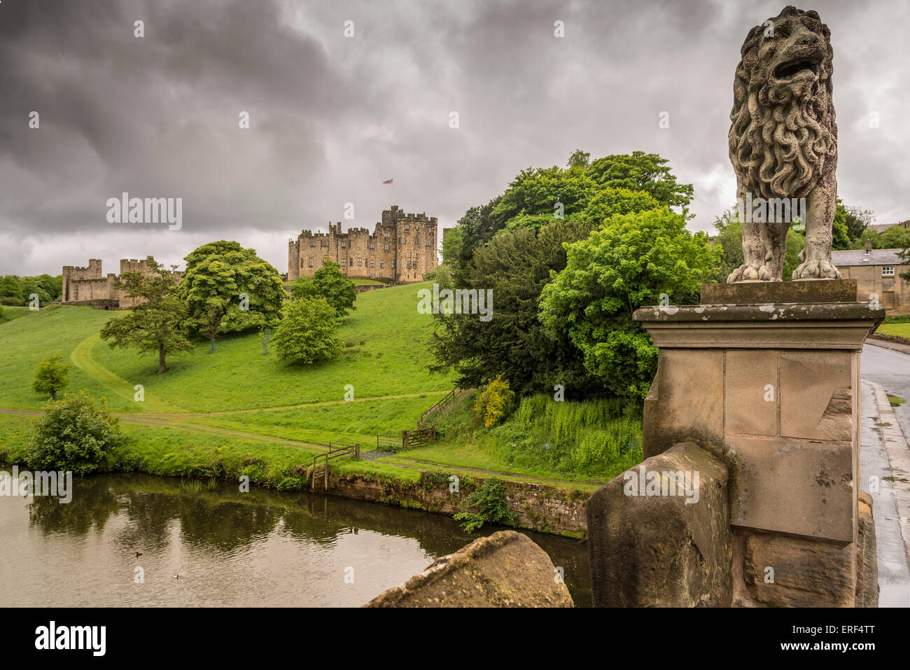 Alnwick Castle home of the Dukes of Northumberland. An imposing lion ...