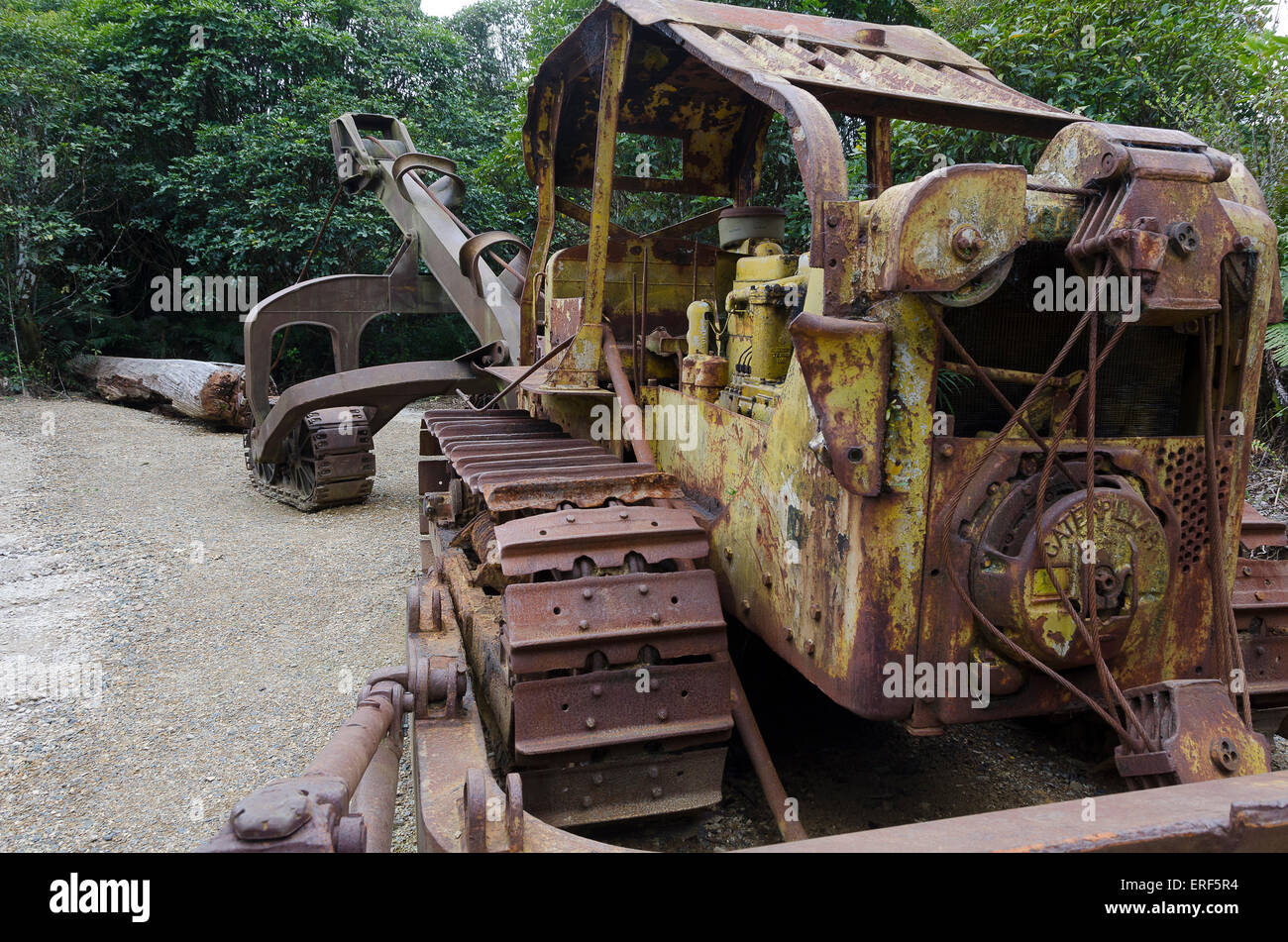 Vintage bulldozer and log hauler, Pureora Forest, North Island, New ...