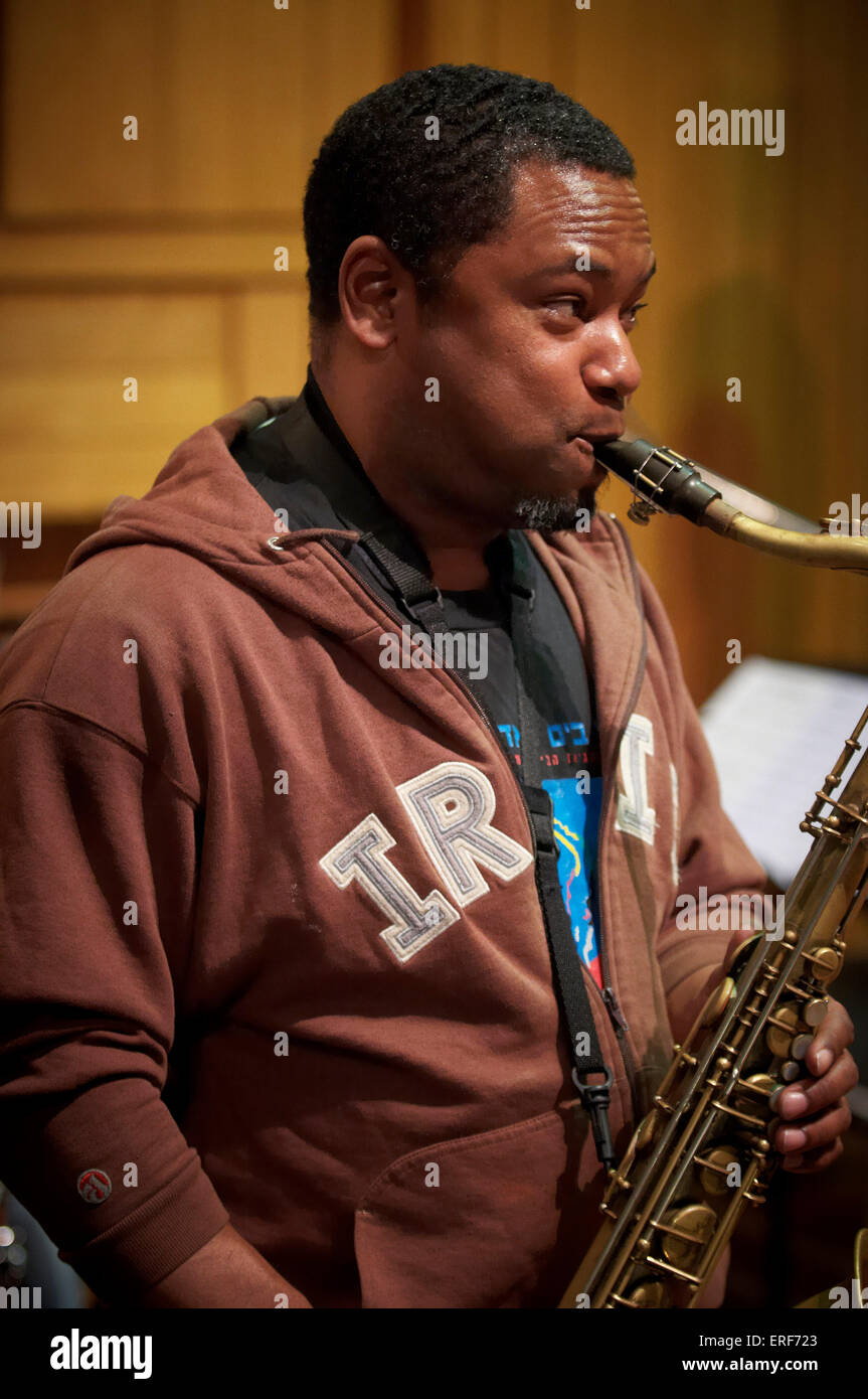 Denys Baptiste playing tenor saxophone during sound checks at the ...