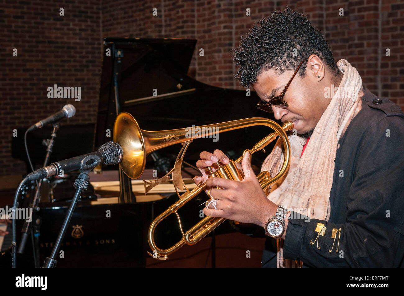 Christian Scott playing his bespoke Adams trumpet during sound checks ...