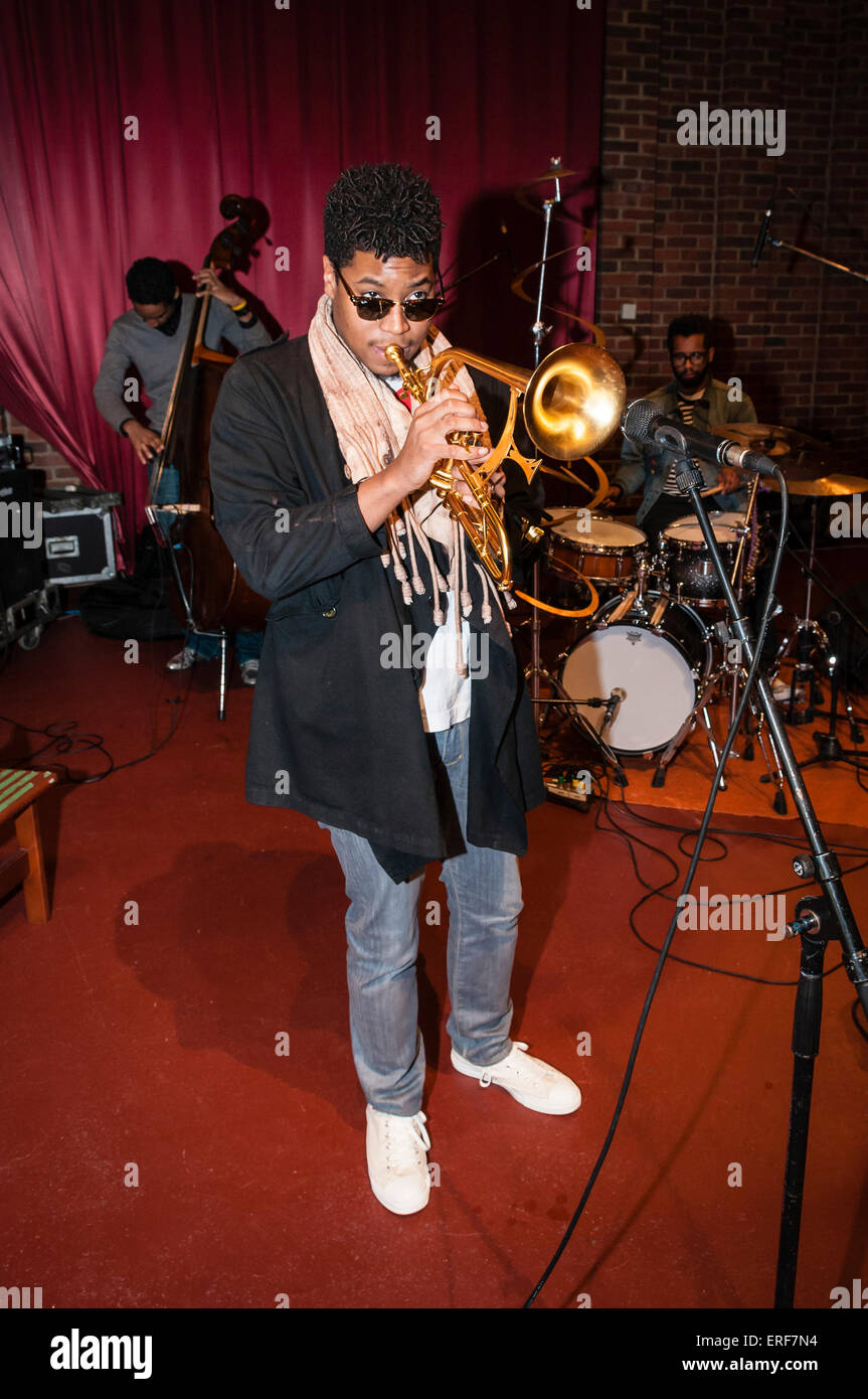 Christian Scott playing his bespoke Adams trumpet during sound checks ...