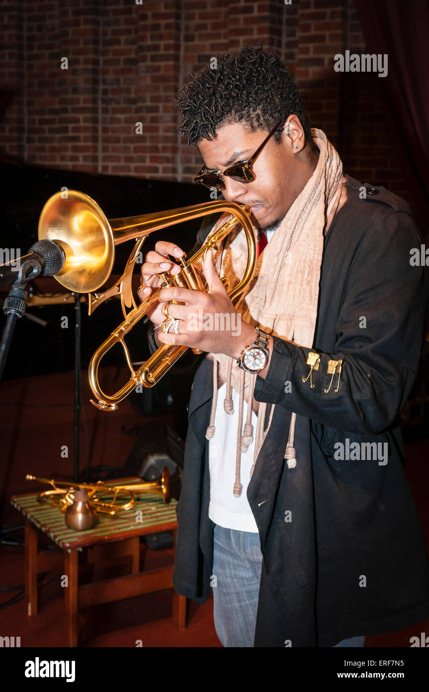 Christian Scott playing his bespoke Adams trumpet during sound checks ...