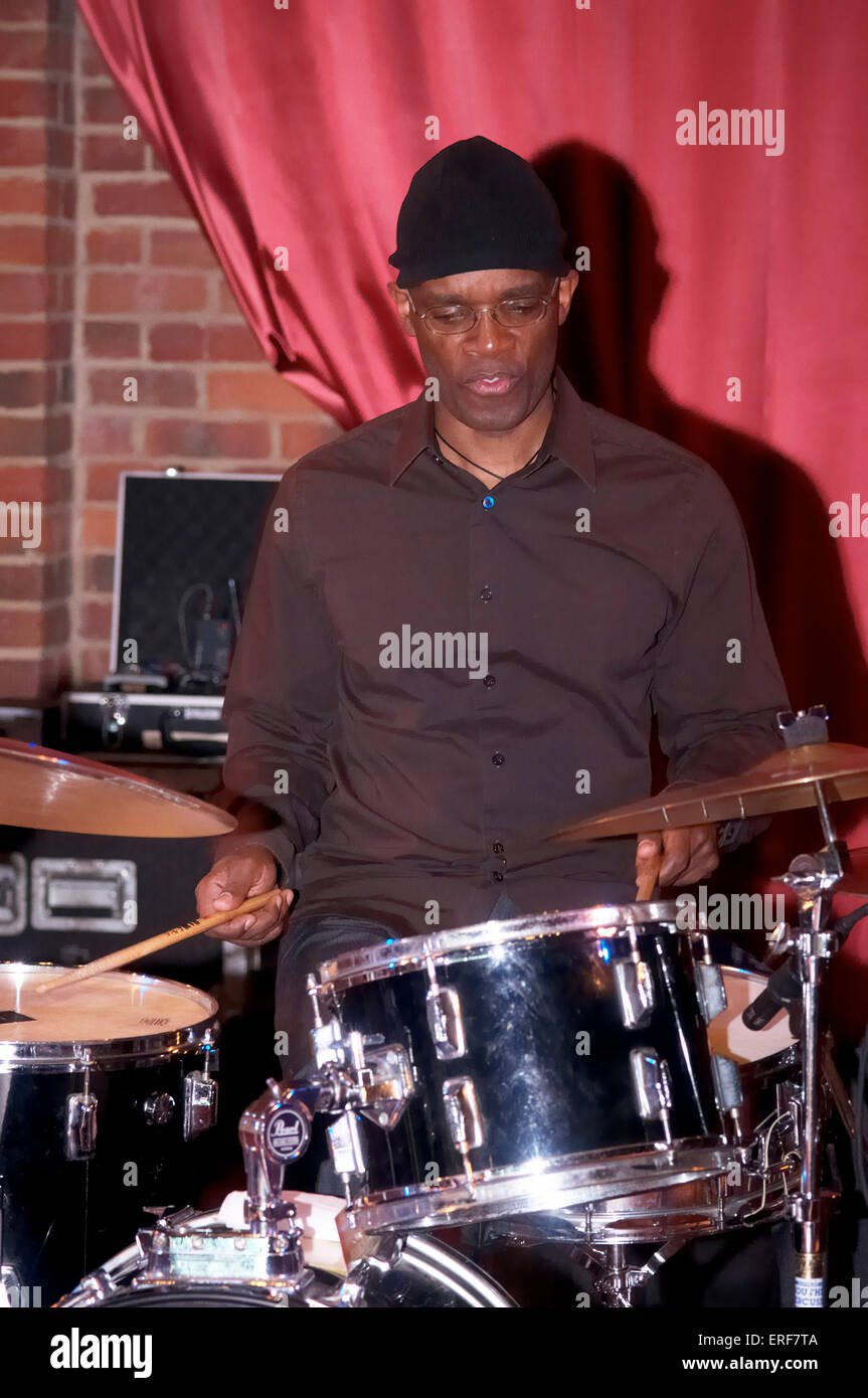 American drummer Rudy Roston performing with the Ben Allison Band at ...