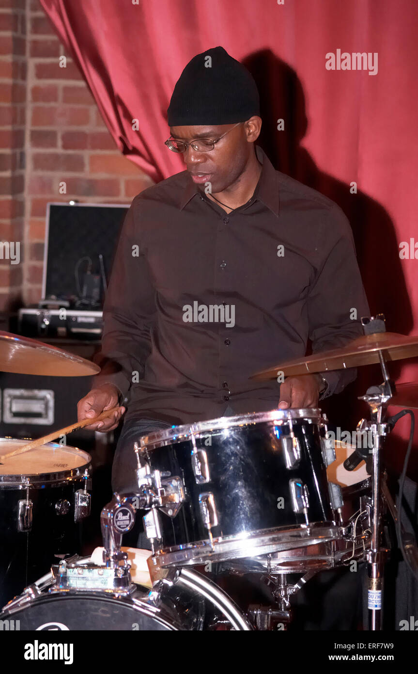 American drummer Rudy Roston performing with the Ben Allison Band at ...