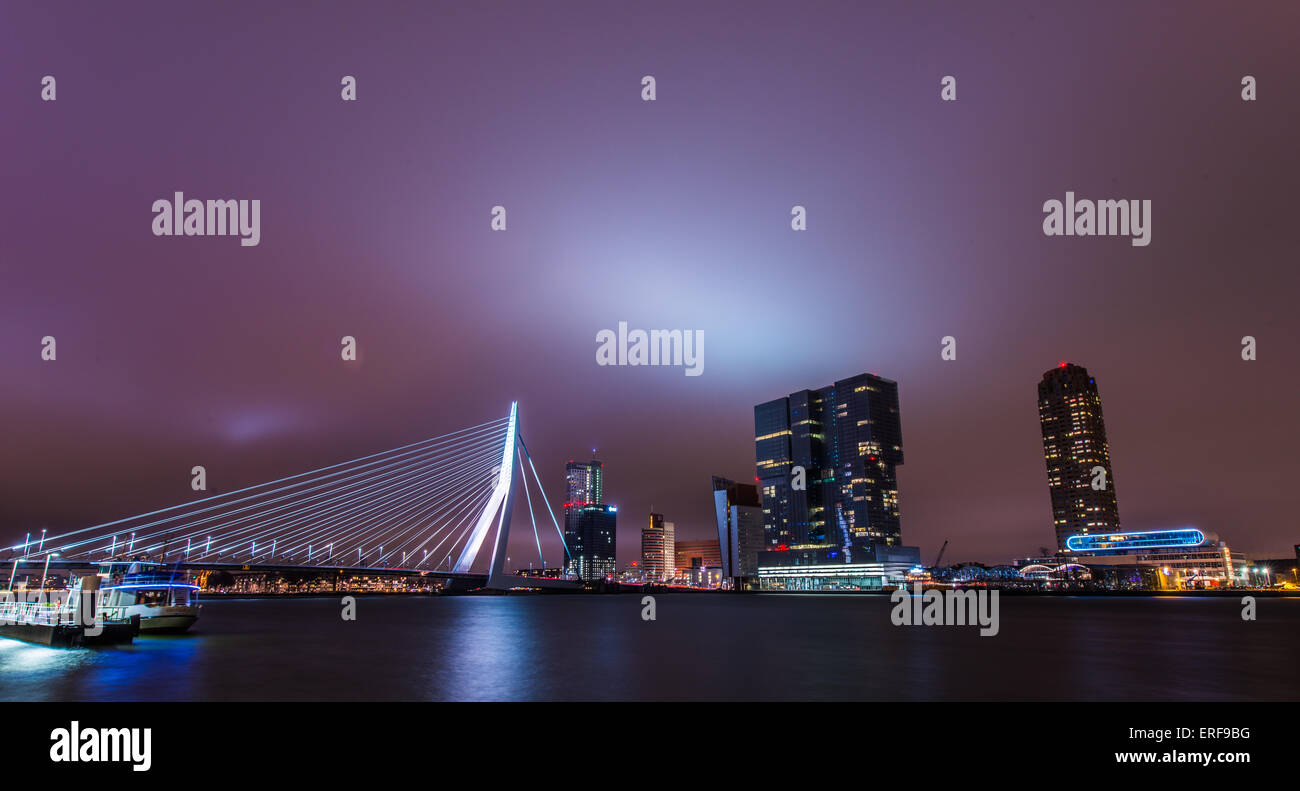 Beautiful site of the Erasmusbridge of Rotterdam by Night Stock Photo ...