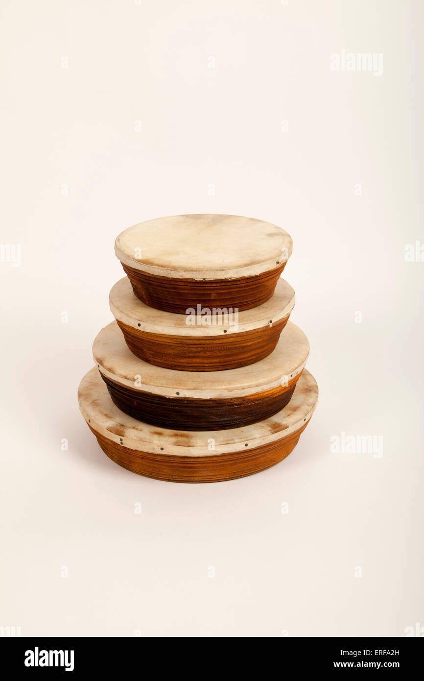 Set of four hand drums or frame with natural animal skins. Also know as ...