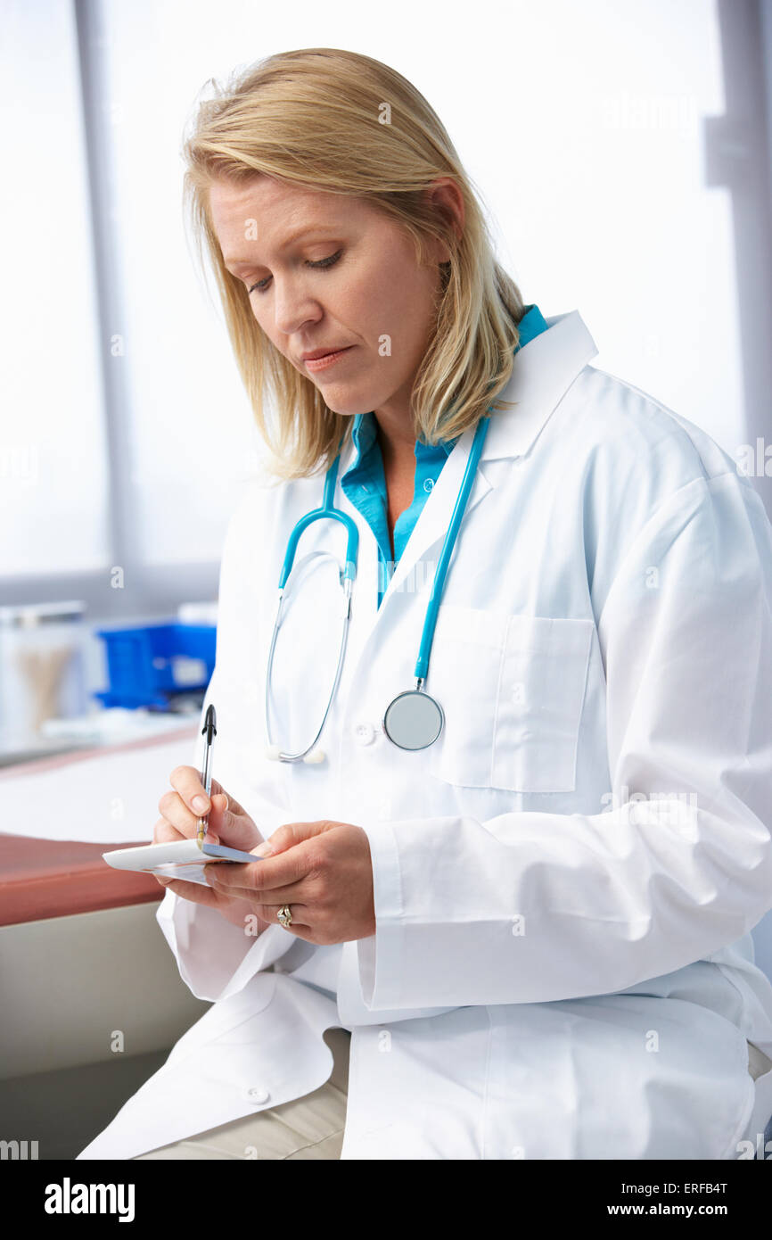 Female Doctor In Surgery Writing Out Prescription Stock Photo - Alamy