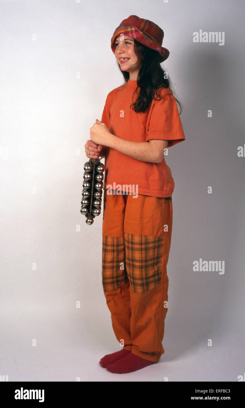 INSTR - PERCUSSION - BELLS - SLEIGH BELLS Primary Schol Girl, in orange ...