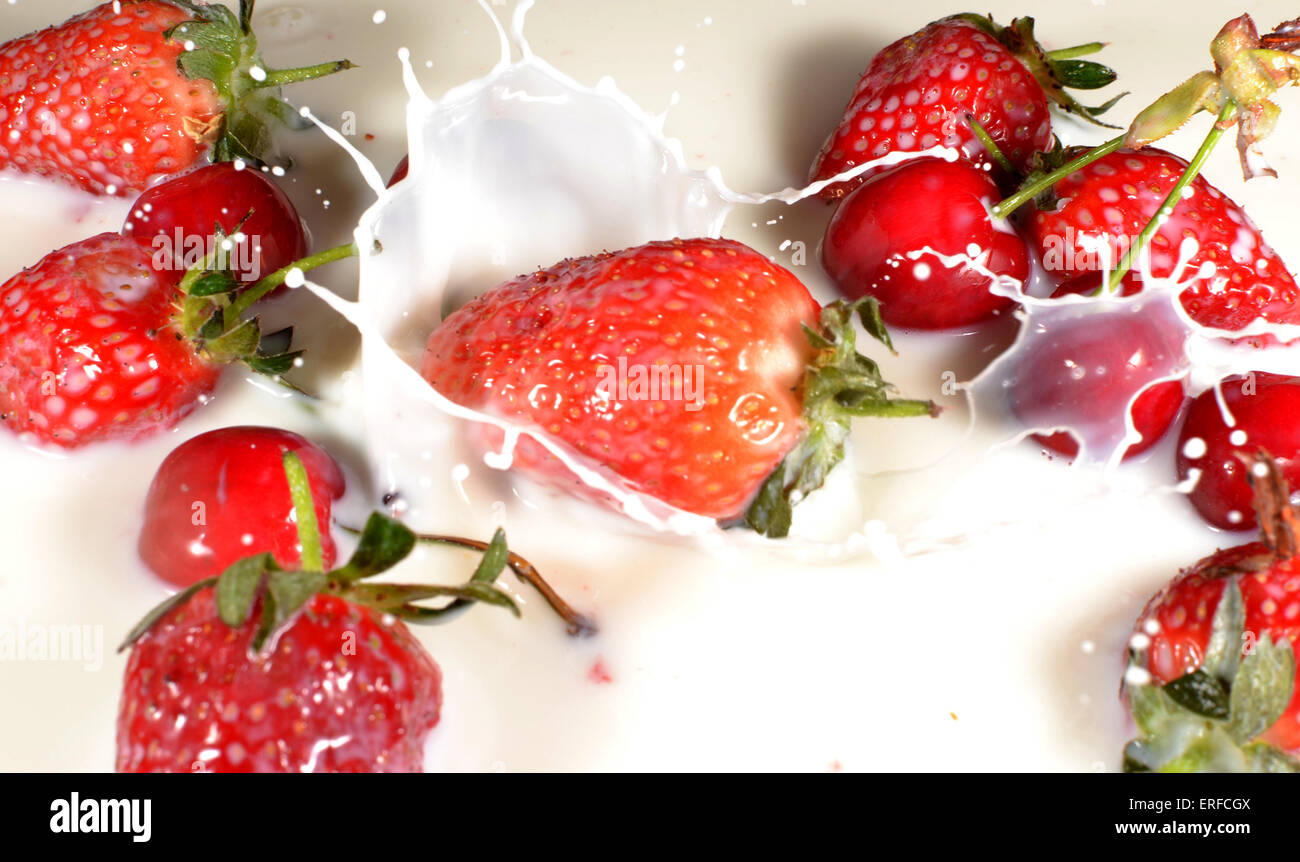 Cheery and Strawberry dropped into milk Stock Photo - Alamy