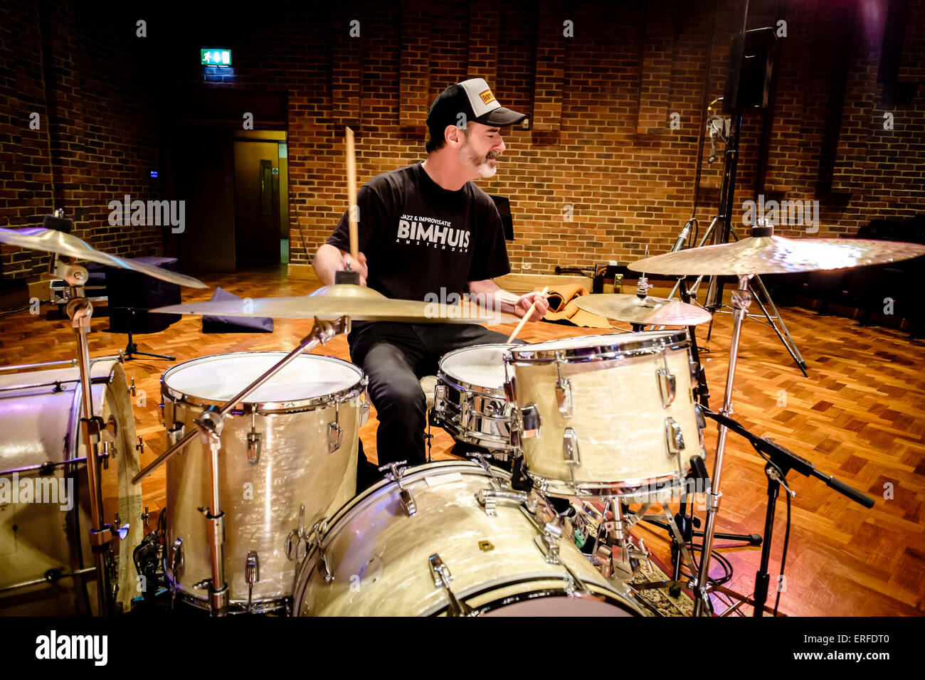 New Zealand born drummer Evan Jenkins during sound checks with the Neil ...